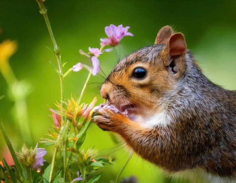 Curious Squirrel Enjoying the Scent of a Wildflower Stock Illustration ...