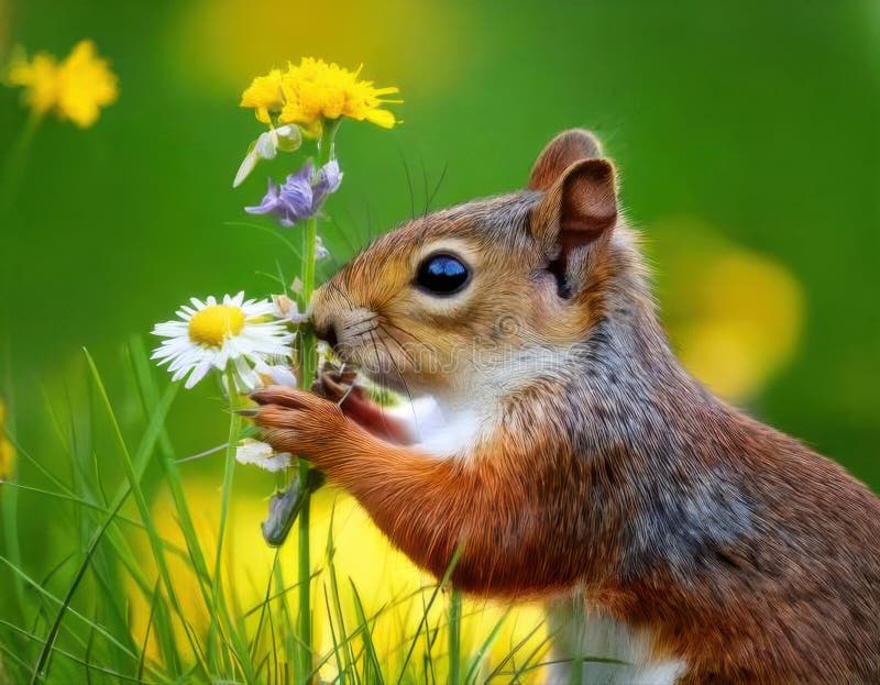 Curious Squirrel Enjoying the Scent of a Wildflower Stock Illustration ...