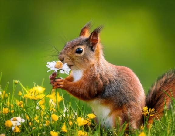 Curious Squirrel Enjoying the Scent of a Wildflower Stock Illustration ...