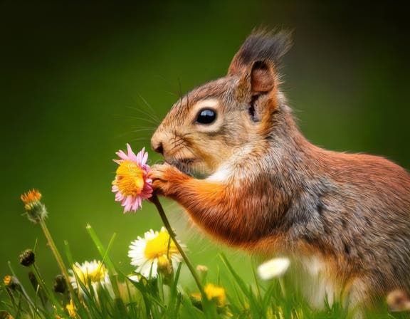 Curious Squirrel Enjoying the Scent of a Wildflower Stock Illustration ...