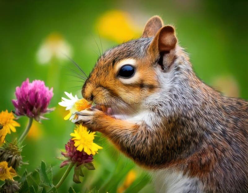 Curious Squirrel Enjoying the Scent of a Wildflower Stock Illustration ...