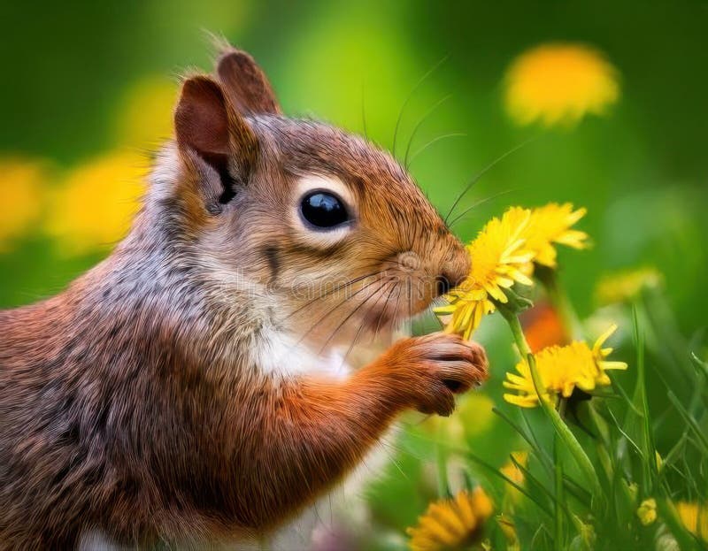 Curious Squirrel Enjoying the Scent of a Wildflower Stock Illustration ...