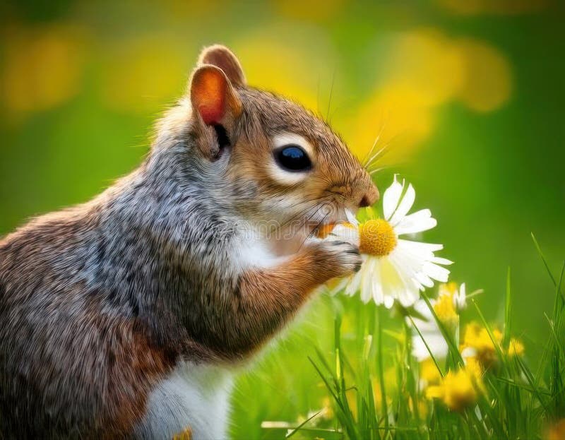 Curious Squirrel Enjoying the Scent of a Wildflower Stock Illustration ...