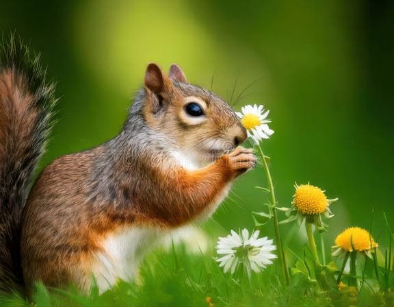 Curious Squirrel Enjoying the Scent of a Wildflower Stock Illustration ...