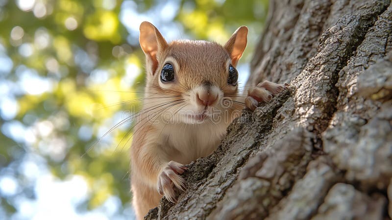 A Curious Squirrel with Large Eyes Peeks from Behind a Tree Trunk ...