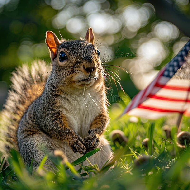 Curious Squirrel Near American Flag in Grass Stock Photo - Image of ...