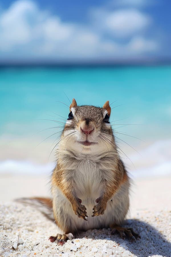 Curious Squirrel on a Sandy Beach with a Clear Blue Ocean Backdrop ...