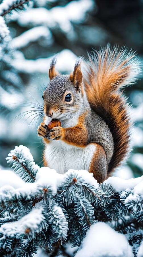 Squirrel Holding Nut Amidst Snow-covered Evergreen Branches in Winter ...
