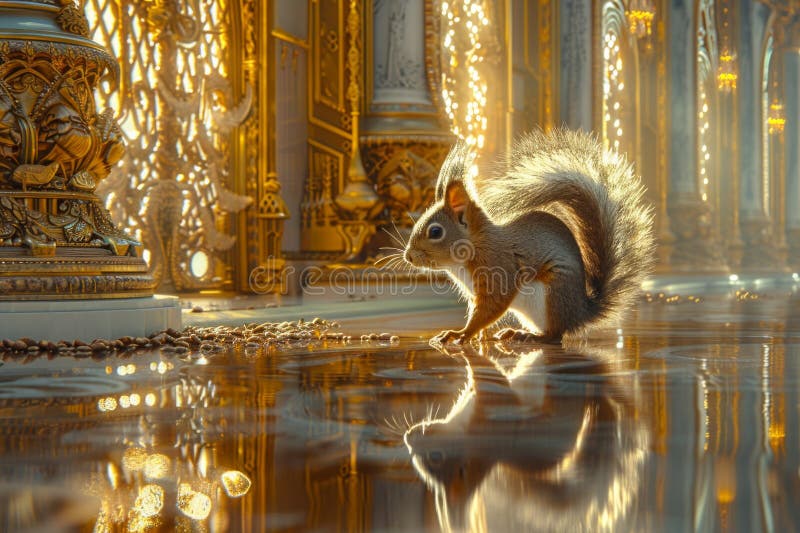 Curious Squirrel Stands in Front of an Ornate Mirror, Examining Its Own ...