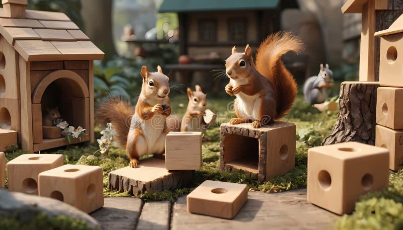 Curious Squirrels Playing with Animated Wooden Blocks Stock ...