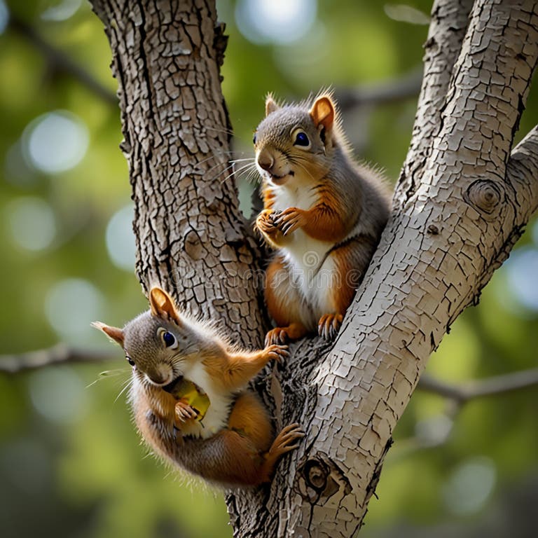 Red Squirrels Sitting on the Tree Stock Illustration - Illustration of ...