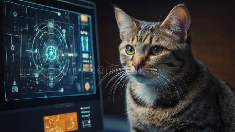 Curious Tabby Cat Observing Futuristic Computer Screen Displaying ...