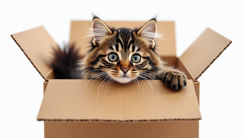 Curious Tabby Cat in a Cardboard Box Peering Out with Wide Eyes Stock ...