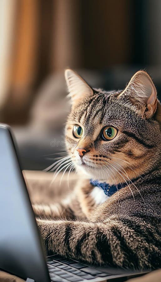 Curious Tabby Cat Concentrated on Laptop Screen, Indulging in ...
