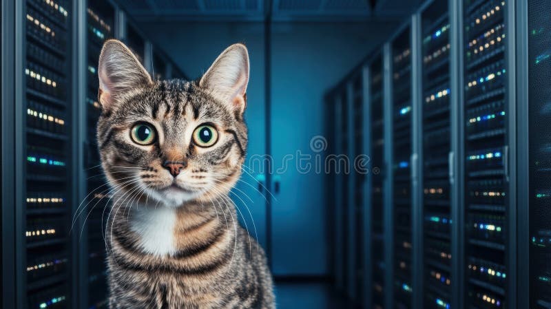 A Curious Tabby Cat Explores a High-tech Server Room, Eyes Wide with ...