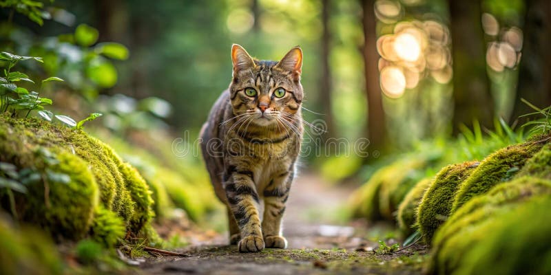 Curious Tabby Cat Exploring a Mossy Path in the Woods Generative AI ...