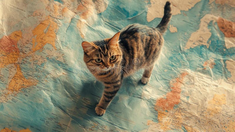 Curious Tabby Cat Exploring a Wrinkled World Map Stock Photo - Image of ...