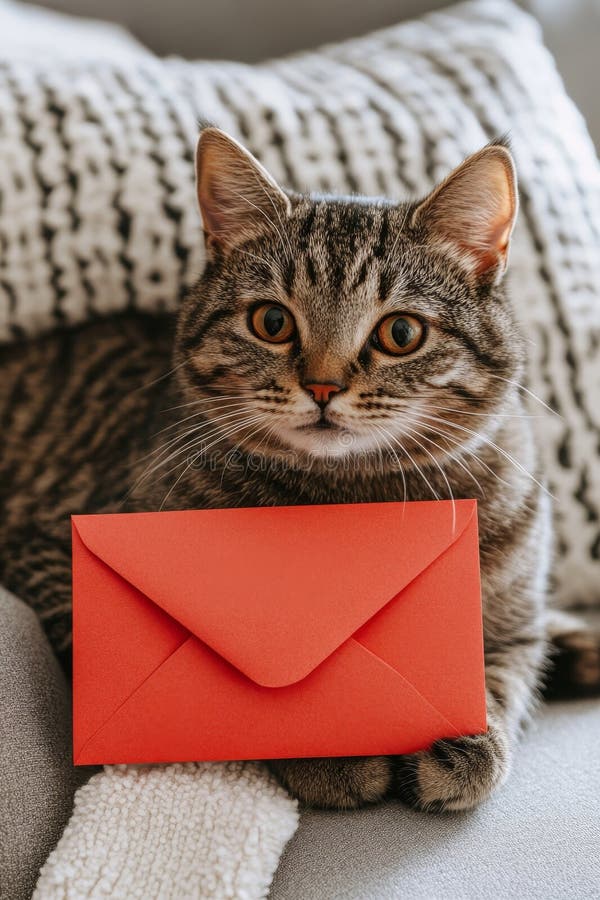 Curious Tabby Cat Gazing at a Mysterious Red Envelope while Relaxing on ...