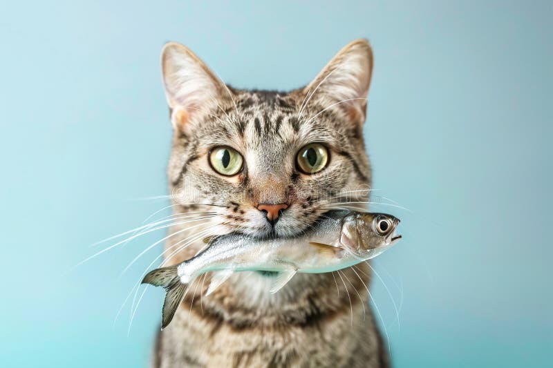 A Curious Tabby Cat Holding a Fish in Its Mouth, Staring Directly into ...