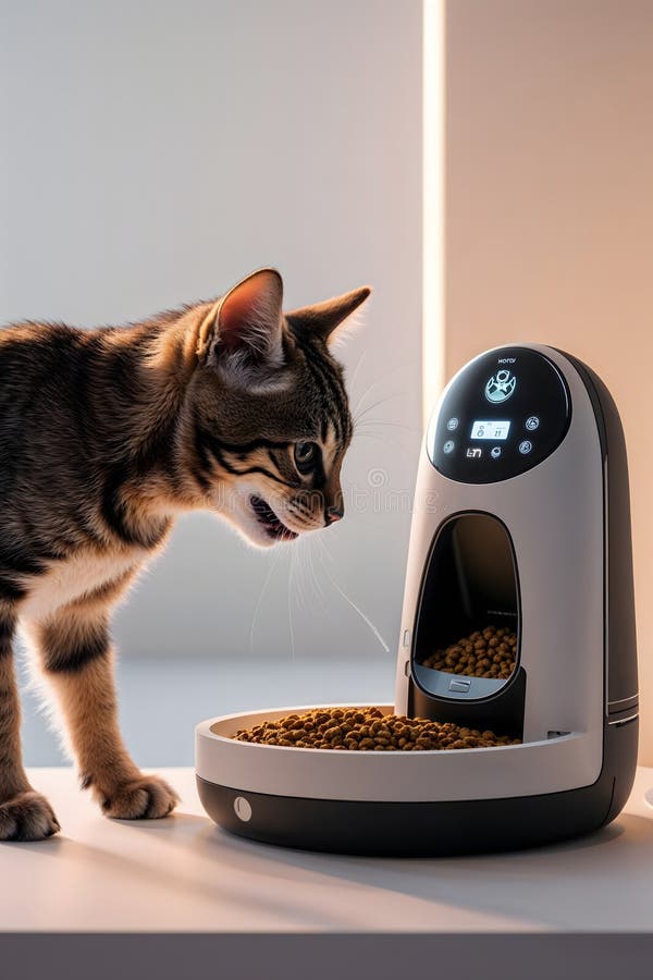 A Curious Tabby Cat Inspects a Modern Automatic Pet Feeder Dispensing ...