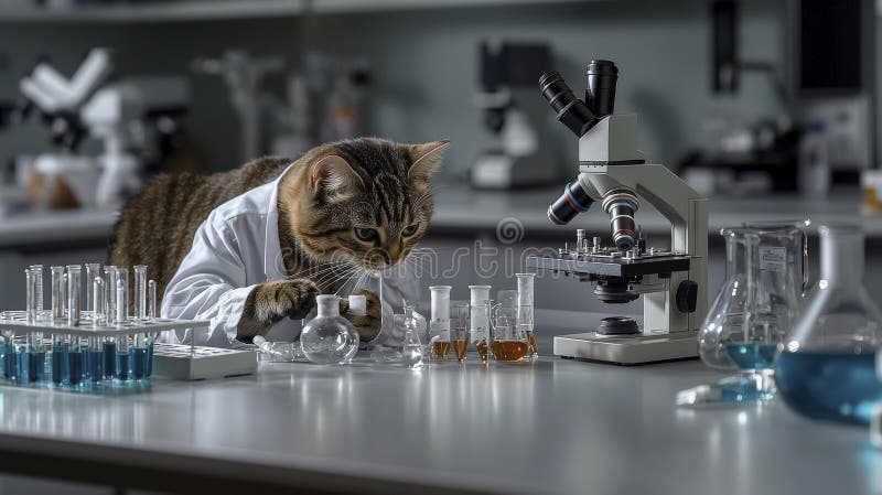 Curious Tabby Cat in Lab Coat Conducts Experiments in Science Lab ...