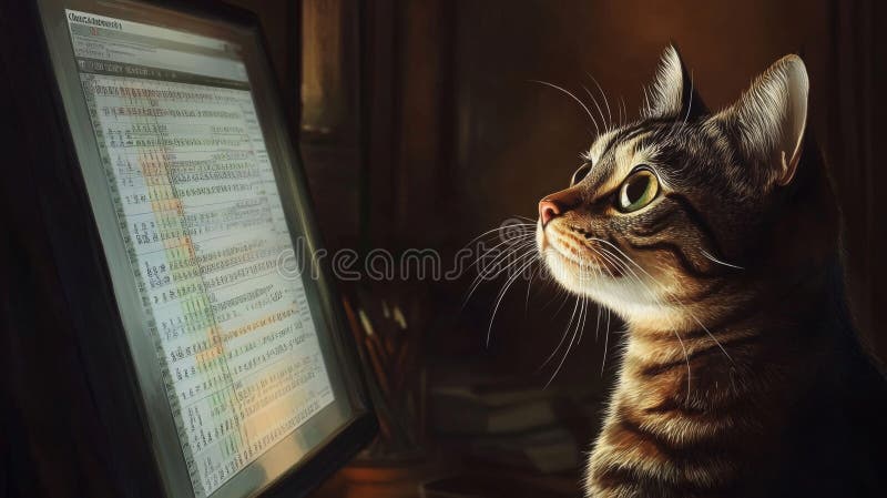 Curious Tabby Cat Observing Computer Screen in Low Light Stock ...