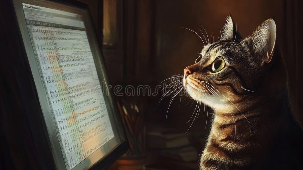 Curious Tabby Cat Observing Computer Screen in Low Light Stock ...