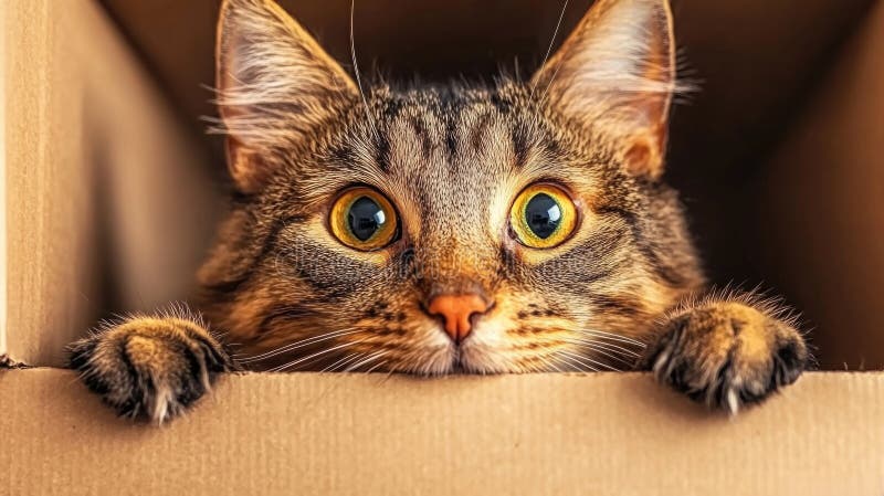 Curious Tabby Cat Peeking Over Box Edge with Wide Eyes and Alert Ears ...