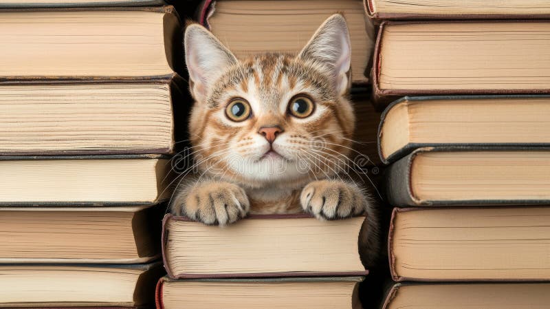 Curious Tabby Cat Peeks Out from Stack of Books, Creating Playful and ...