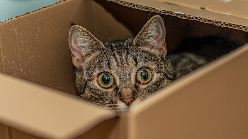 Curious Tabby Cat Peering from Inside a Cardboard Box Stock Photo ...