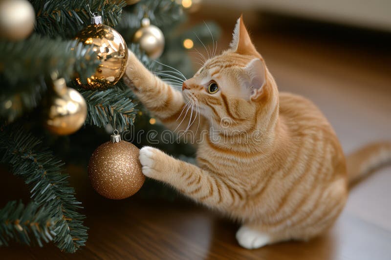 Curious Tabby Cat Playing with Christmas Ornaments Amid Festive Lights ...