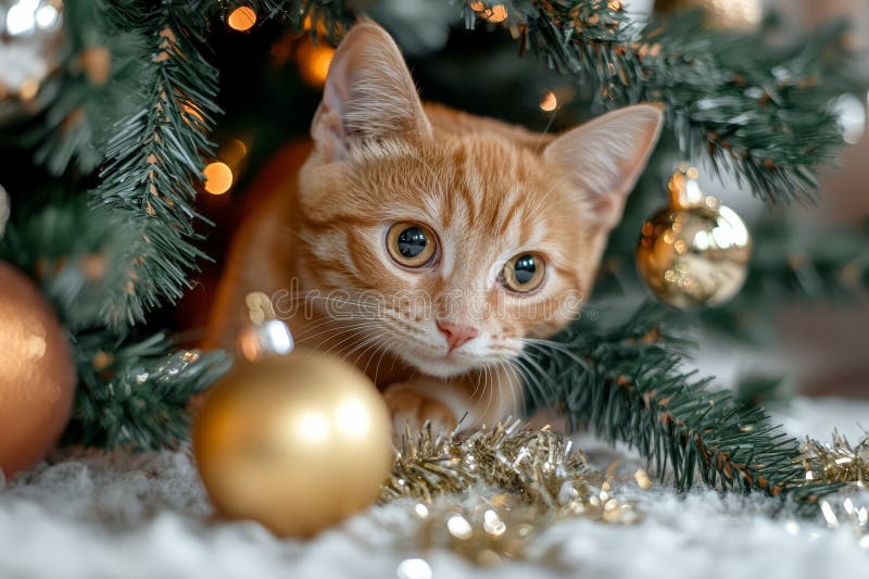 Curious Tabby Cat Playing with Christmas Ornaments Amid Festive Lights ...