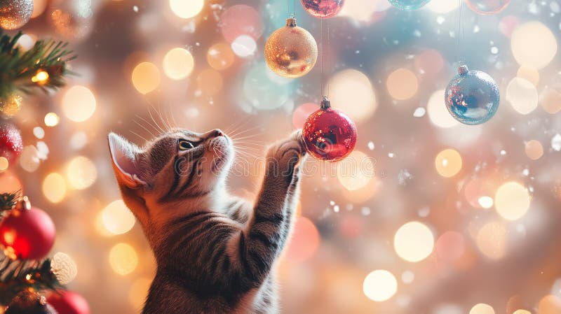 Curious Tabby Cat Playing with Christmas Ornaments Amid Festive Lights ...