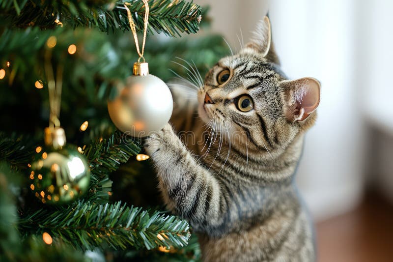 Curious Tabby Cat Playing with Christmas Ornaments Amid Festive Lights ...