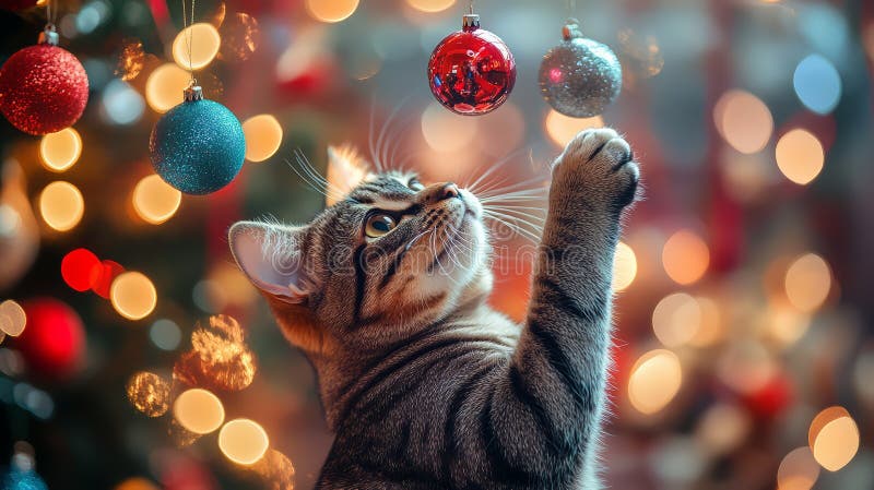 Curious Tabby Cat Playing with Christmas Ornaments Amid Festive Lights ...