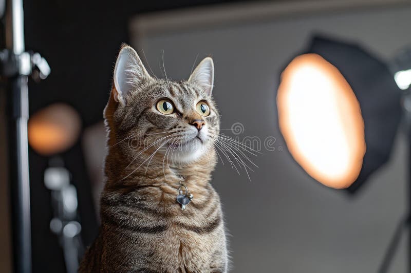 Curious Tabby Cat Posing in Photo Studio with Lights Stock Image ...