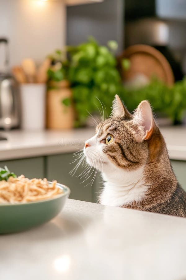 A Curious Tabby Cat Sits by the Kitchen Counter, Eyeing a Bowl of Pasta ...