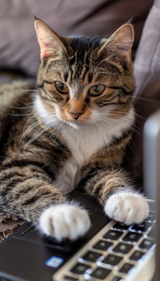 Curious Tabby Cat Using Laptop, Focusing on Work with Intense Gaze ...