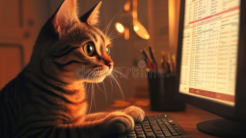 Curious Tabby Cat Watching Computer Screen at Night Stock Illustration ...