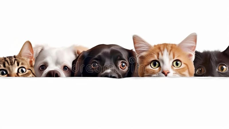 Curious Three Cats and Three Dogs on White Web Banner Stock Photo ...