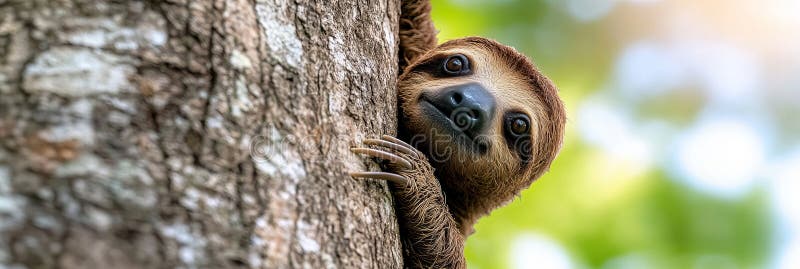 Curious Three-toed Sloth Climbing Tree in Lush Forest Habitat Stock ...