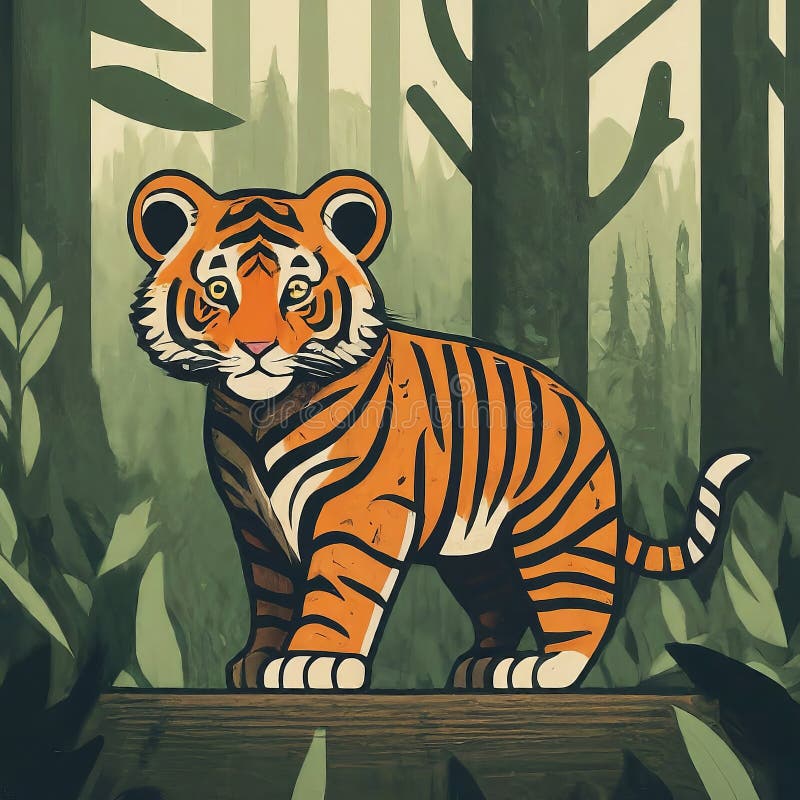 A Curious Tiger Cub Cautiously Balances on a Moss-covered Log in a Sun ...