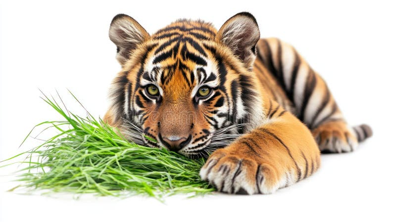 A Curious Tiger Cub with Grass Stock Illustration - Illustration of ...