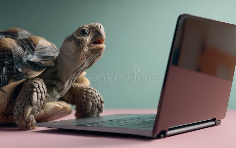Curious Turtle Exploring Technology, Reptile Using Laptop on Pink Desk ...