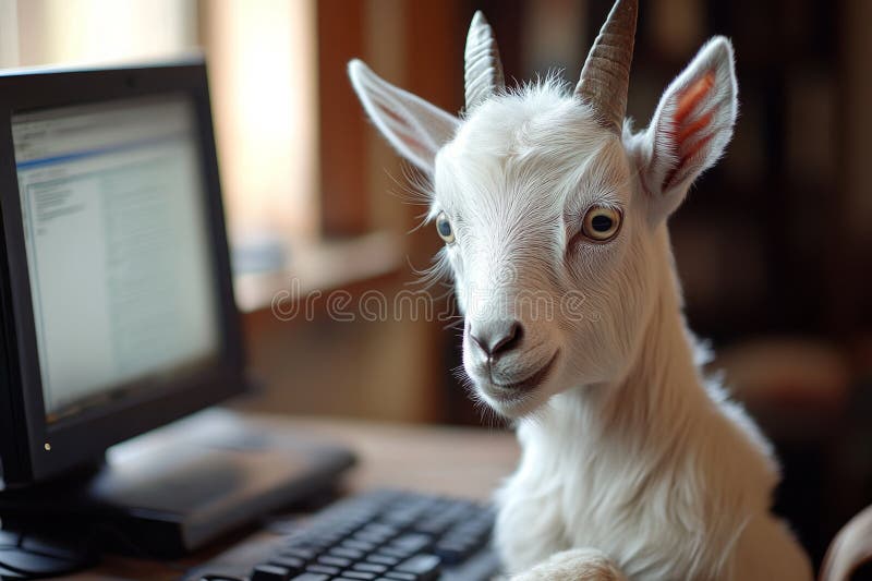 Curious White Baby Goat Using a Computer Keyboard and Mouse at a Desk ...
