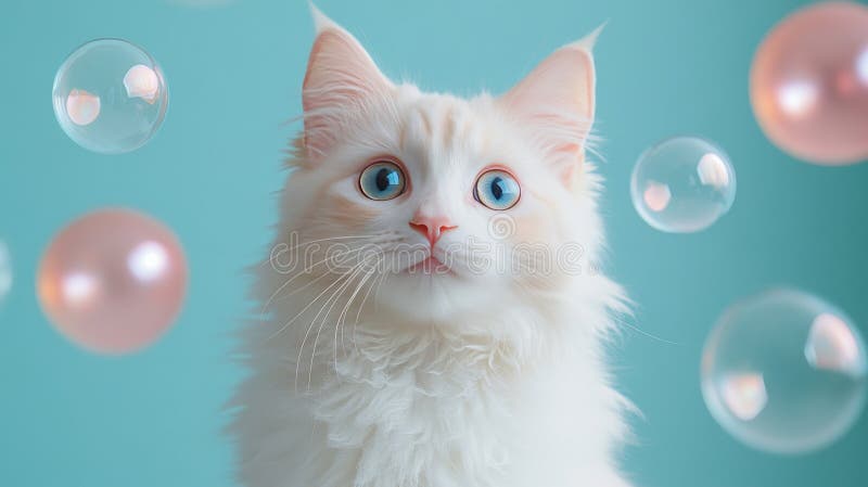 Curious White Cat with Blue Eyes and Floating Bubbles on Turquoise ...