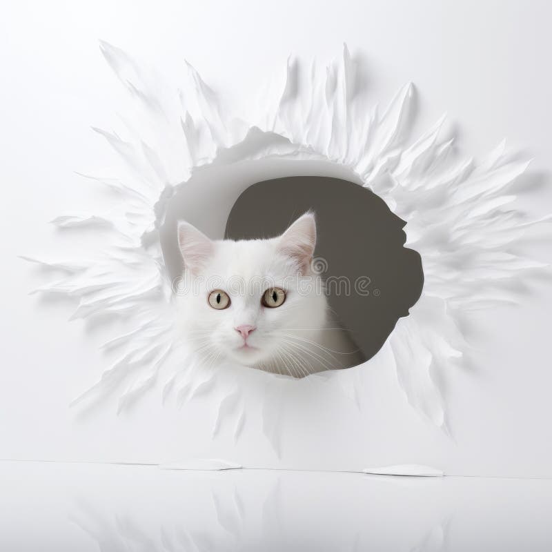 Curious White Cat Peeking Out of Art Paper Hole Stock Illustration ...