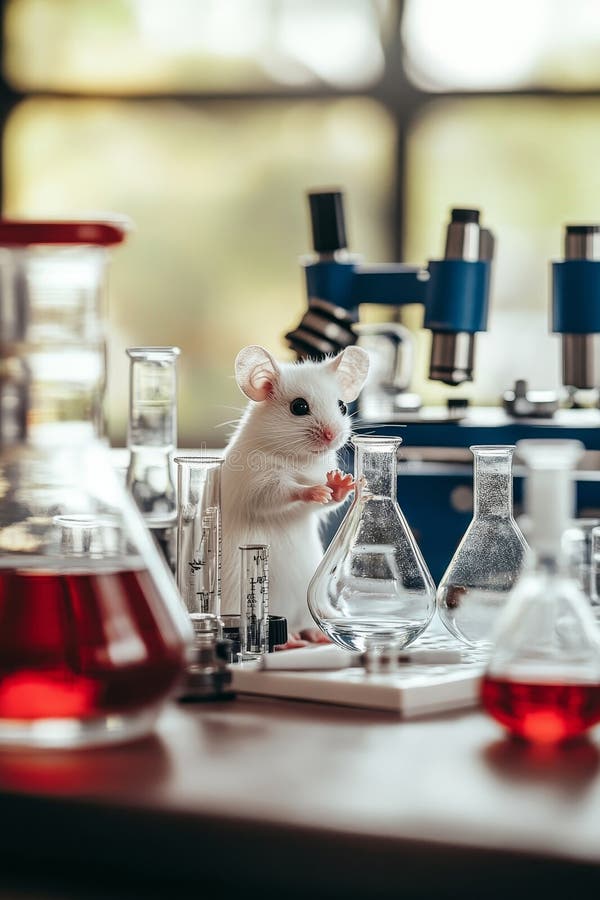 Curious White Mouse in Laboratory Setting with Glassware and ...