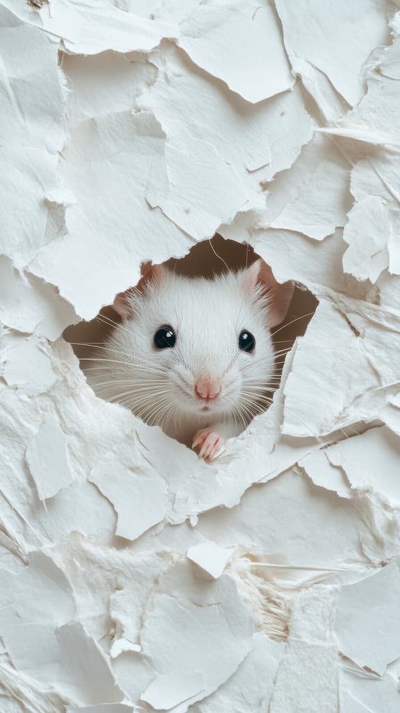 Curious White Mouse Peeking through Torn Paper Creating a Surprise ...