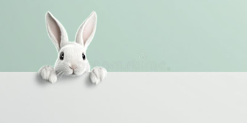 Curious White Rabbit Peeking Over a Minimalist Pastel Background Edge ...